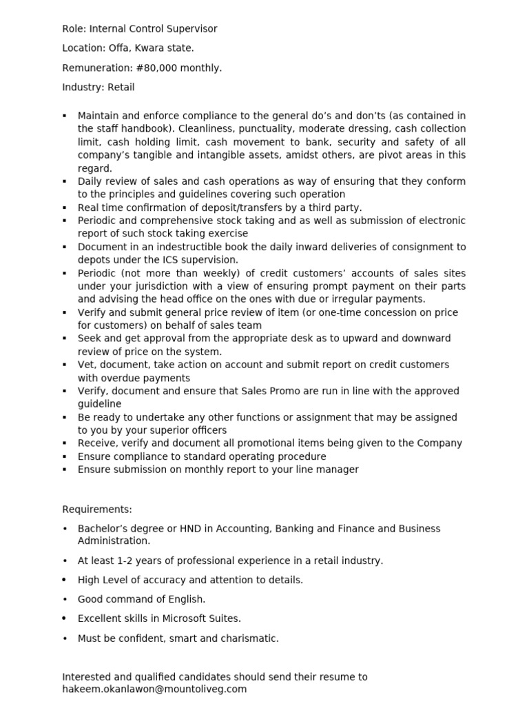 JOB ADVERT - Internal Control Supervisor | PDF