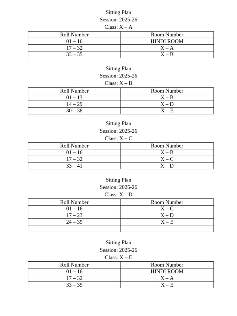 2025-26 Class X Sitting Plan | PDF