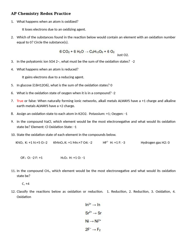 AP Chemistry Redox Practice | PDF | Redox | Chemical Compounds