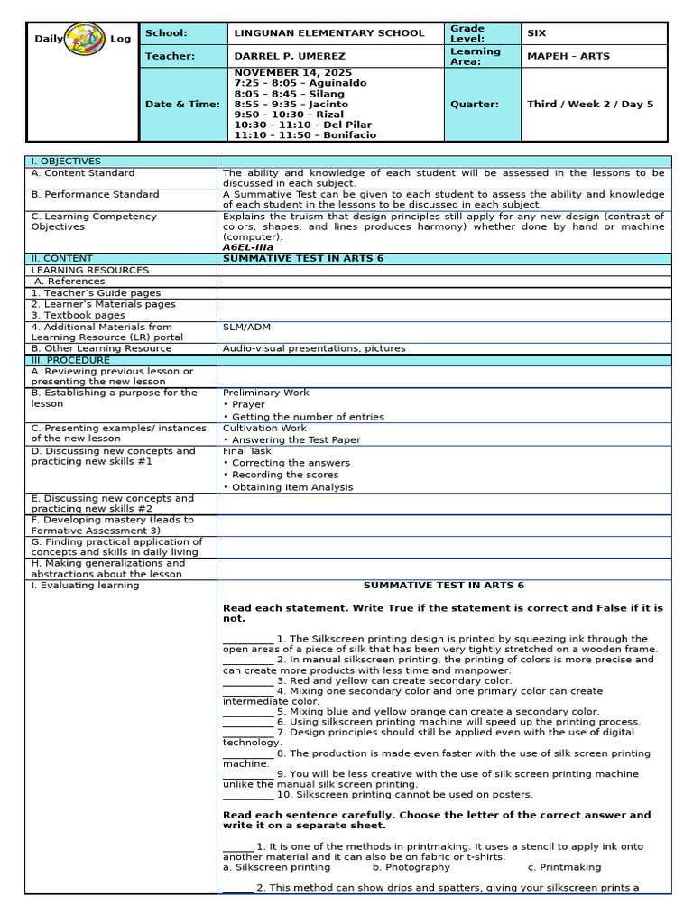 Dll Quarter 3 Week 2 Day 5 Quiz | PDF | Salary | Printmaking