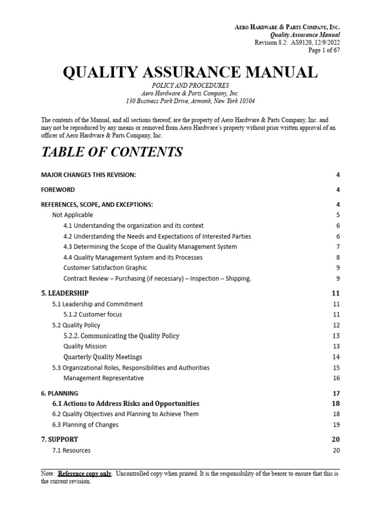 Aero Hardware Quality Assurance Manual | PDF | Quality Management ...
