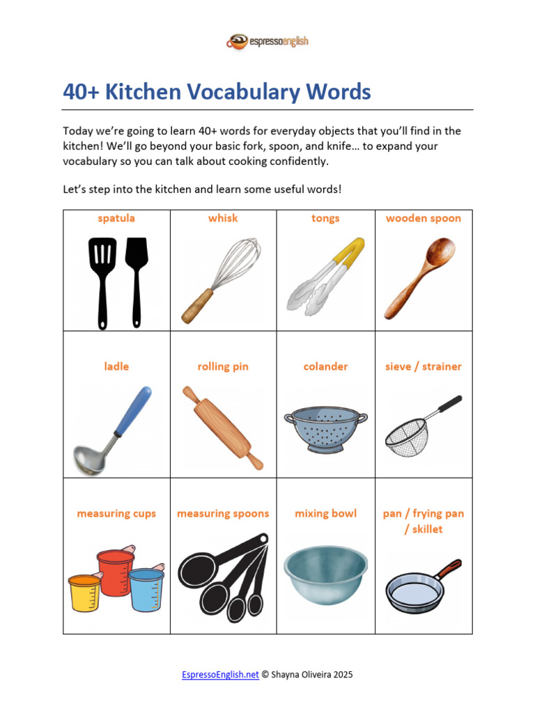 Free PDF 40 Kitchen Vocabulary Words | PDF