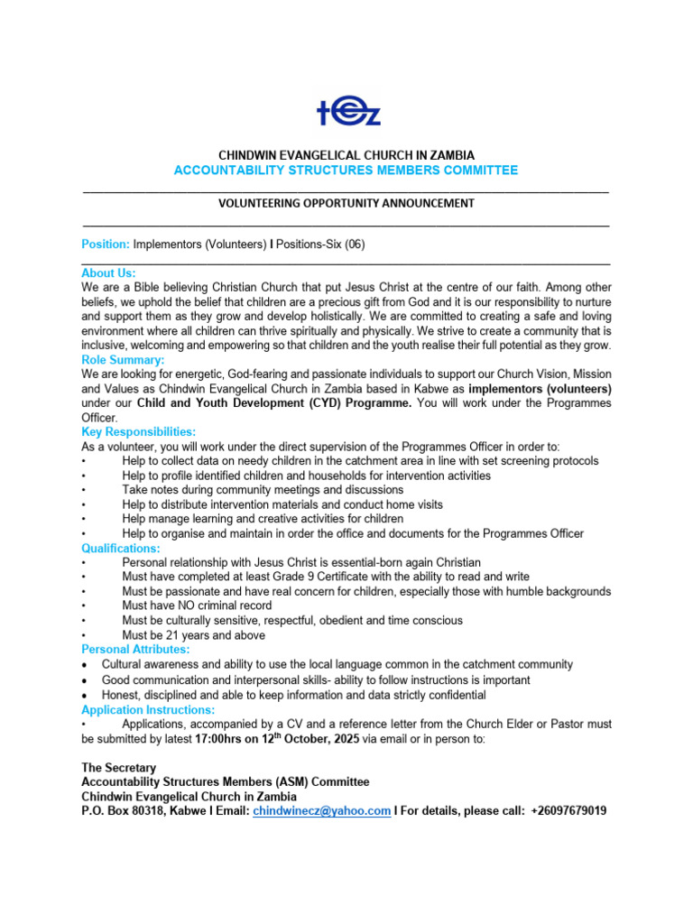 Volunteering Positions Advert For Publication | PDF | Evangelicalism
