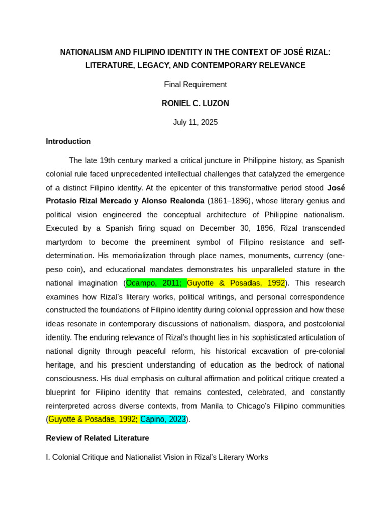NATIONALISM AND FILIPINO IDENTITY IN THE CONTEXT OF JOSÉ RIZAL ...