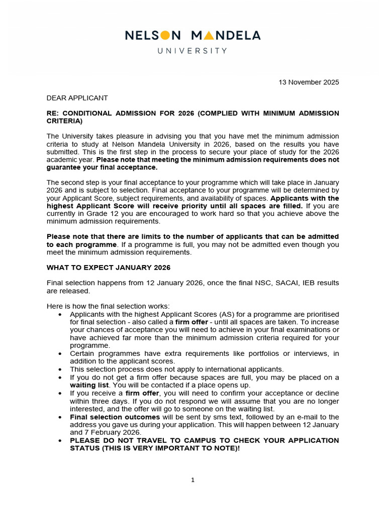 Conditional Admission Details for NMU 2026 | PDF | University And ...