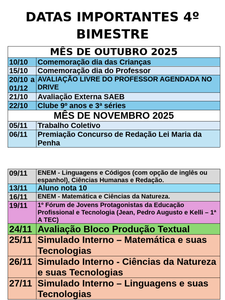 Datas Importantes 4º Bimestre 2025 | PDF