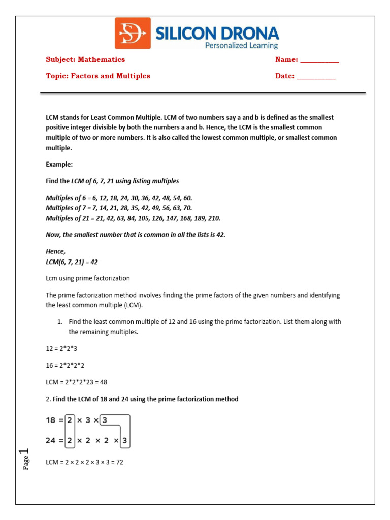 WS - Factors & Multiples - LCM-Listing Multiples, Ladder Method | PDF ...