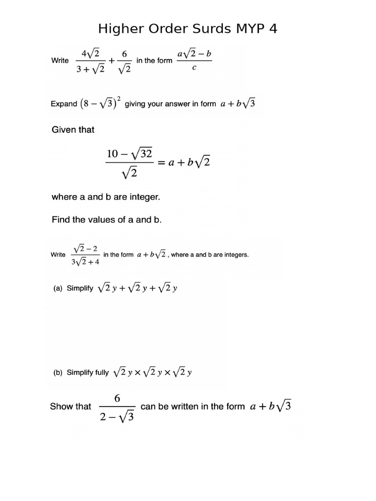 Higher Order Surds Worksheet | PDF