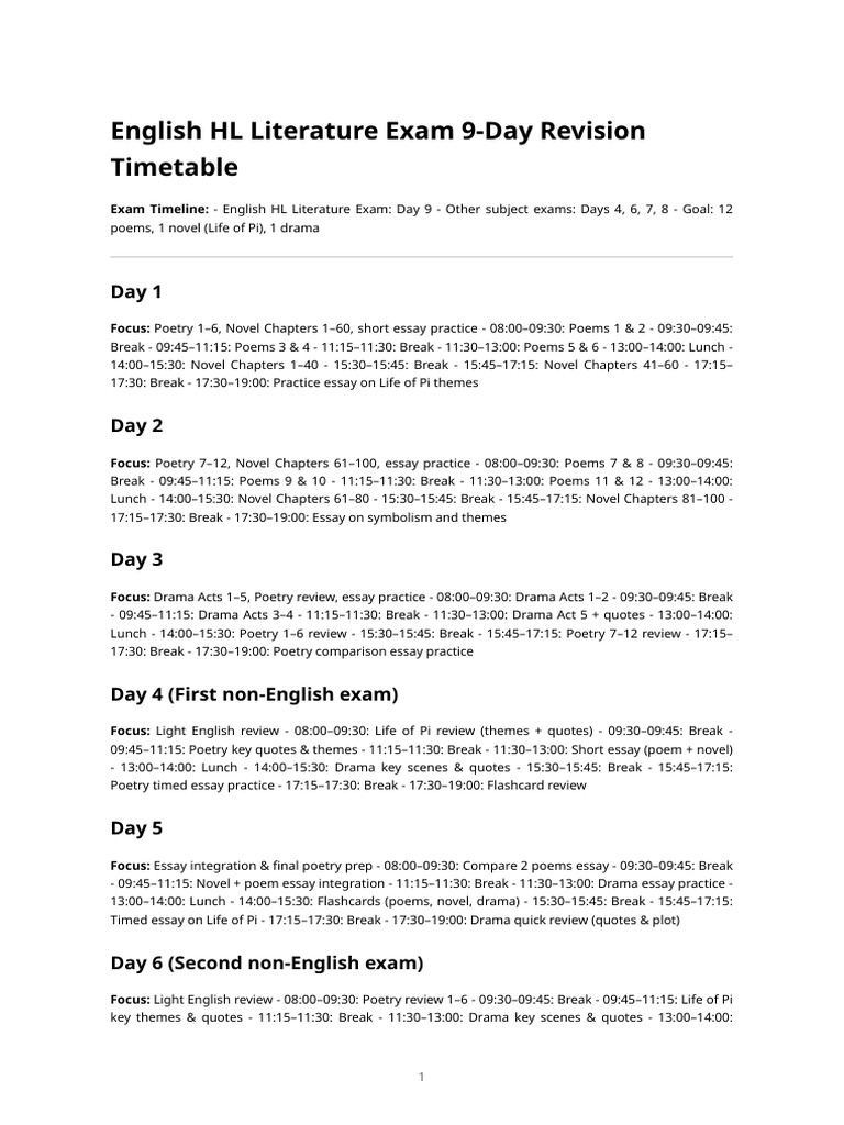 English HL Literature 9-Day Revision Plan | PDF | Poetry | Literary Theory