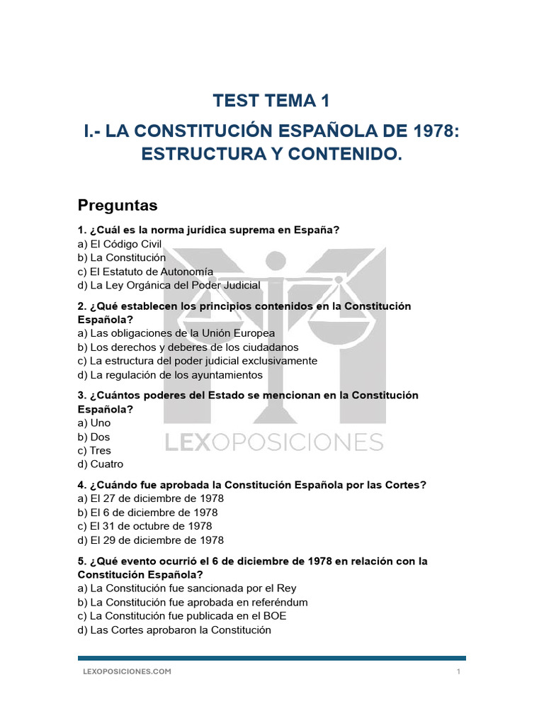 TEST-I.-LA-CONSTITUCION-ESPANOLA-DE-1978-ESTRUCTURA-Y-CONTENIDO | PDF ...