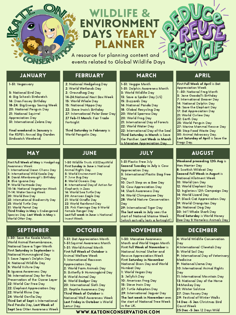 Wildlife and Environment Calendar Events Printable Worksheet | PDF ...