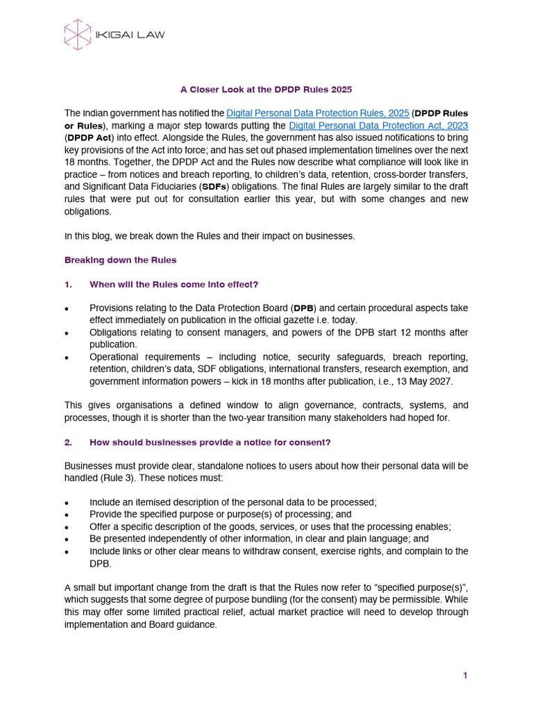 Closer Look at the DPDP Rules 2025 by Ikigai Law | PDF | Fiduciary | Information Privacy