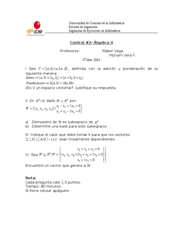 Control 2 + Pauta Alg II | PDF | Espacio vectorial | Conceptos matemáticos