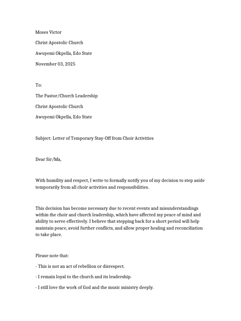 Temporary Choir Leave Request Letter | PDF