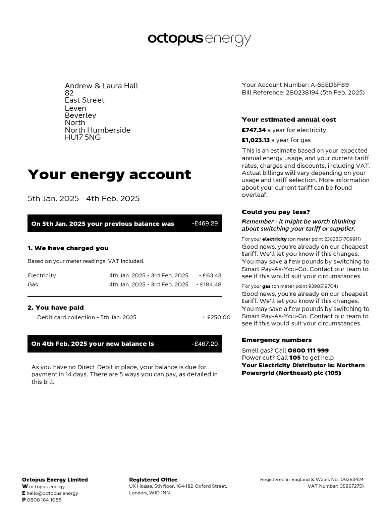 Octopus Energy Account Bill Summary | PDF | Payments | Debit Card