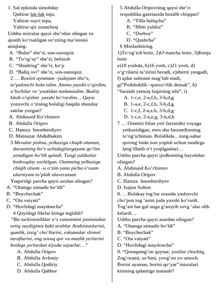 5-Sinf I Qismidan Test | PDF