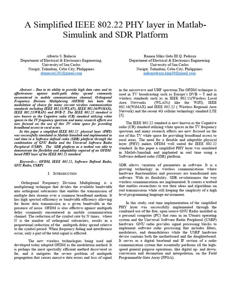 A Simplified IEEE 802.22 PHY Layer in Matlab-Simulink and SDR Platform | PDF | Orthogonal ...