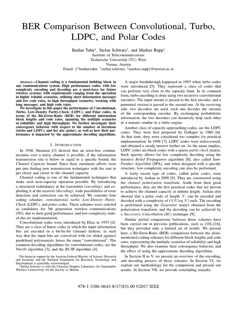 BER Comparison Between Convolutional Turbo LDPC and Polar Codes | PDF | Low Density Parity Check ...
