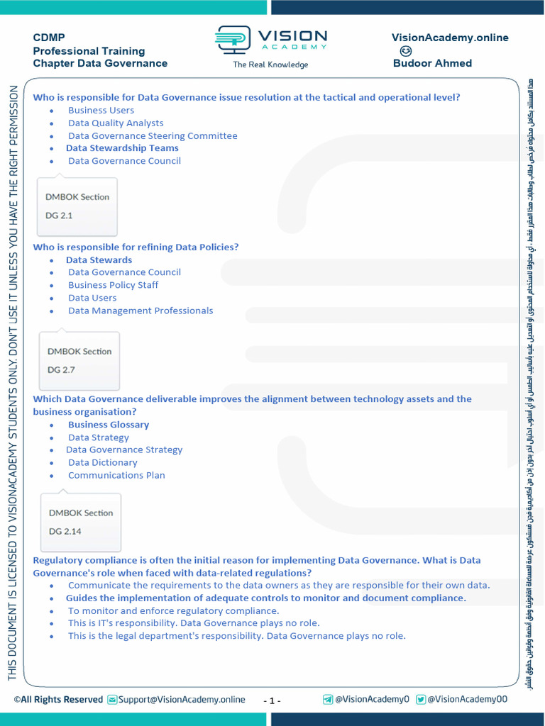 Data Governance Quiz 1 - With Ans | PDF | Governance | Data Management