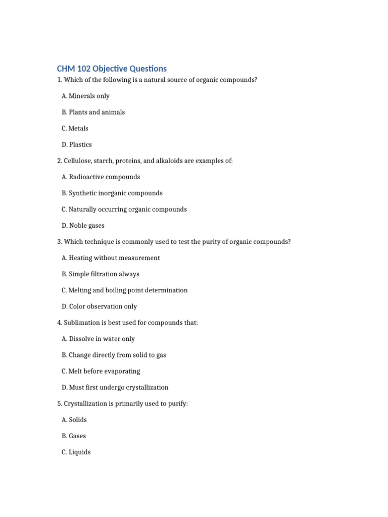 CHM 102 Objective Questions | PDF | Chromatography | Distillation