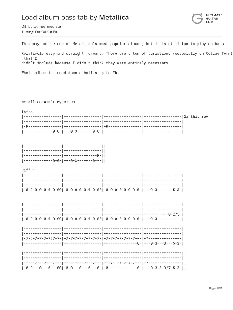 Metallica Load Album Bass Tab | PDF | Albums | Rock Music