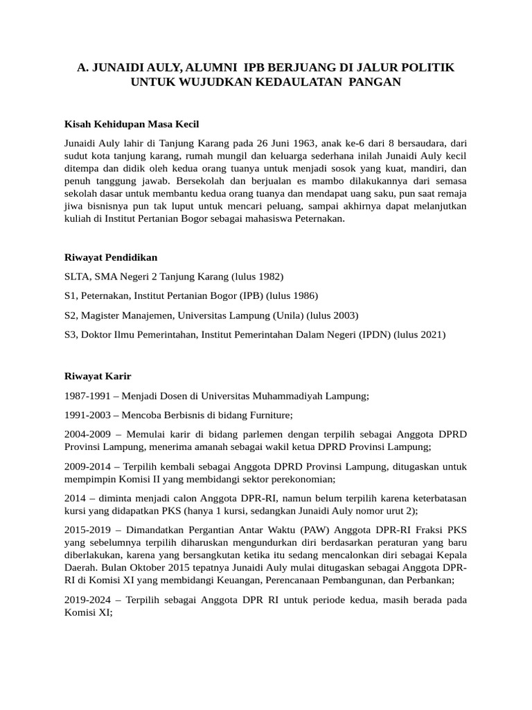 Junaidi Auly: Alumni IPB & Legislator Pangan | PDF