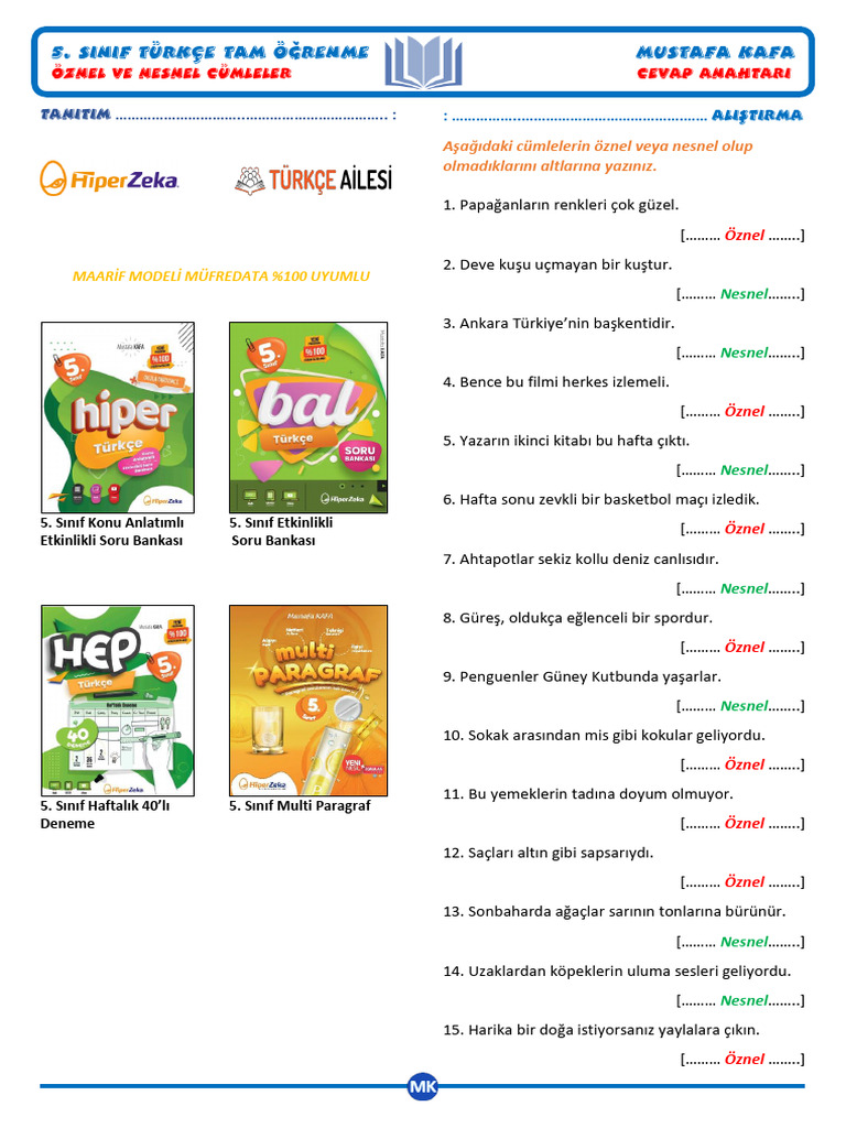 5. Sınıf - Öznel Nesnel Cümleler CEVAP (Tam Öğrenme) | PDF