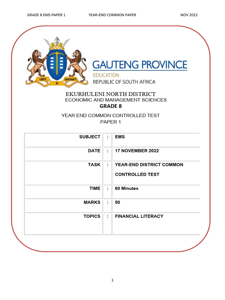 Grade 8 EMS Year-End Test Nov 2022 | PDF | Debits And Credits ...
