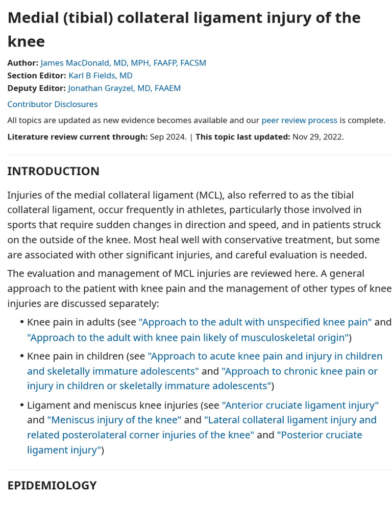 UpToDate Medial (Tibial) Collateral Ligament Injury of the Knee (1 ...