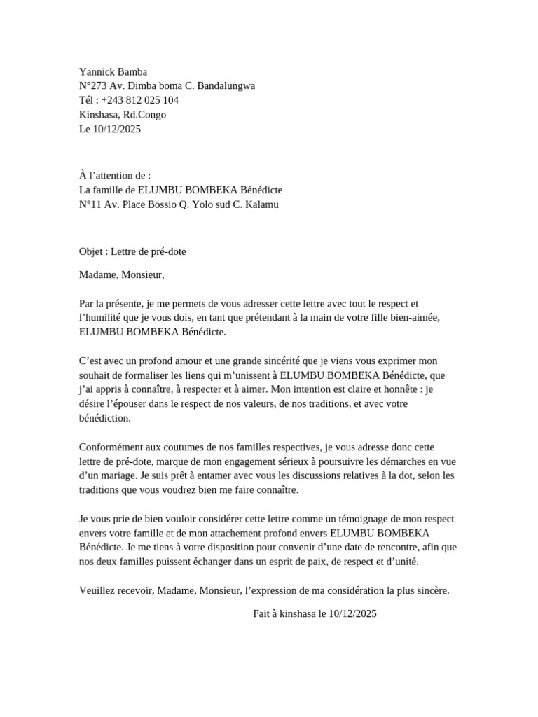 Lettre de pré-dote pour Bénédicte Elumbu | PDF