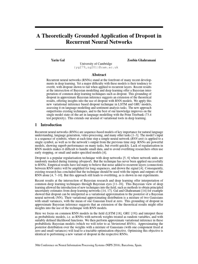 NIPS 2016 A Theoretically Grounded Application of Dropout in Recurrent ...
