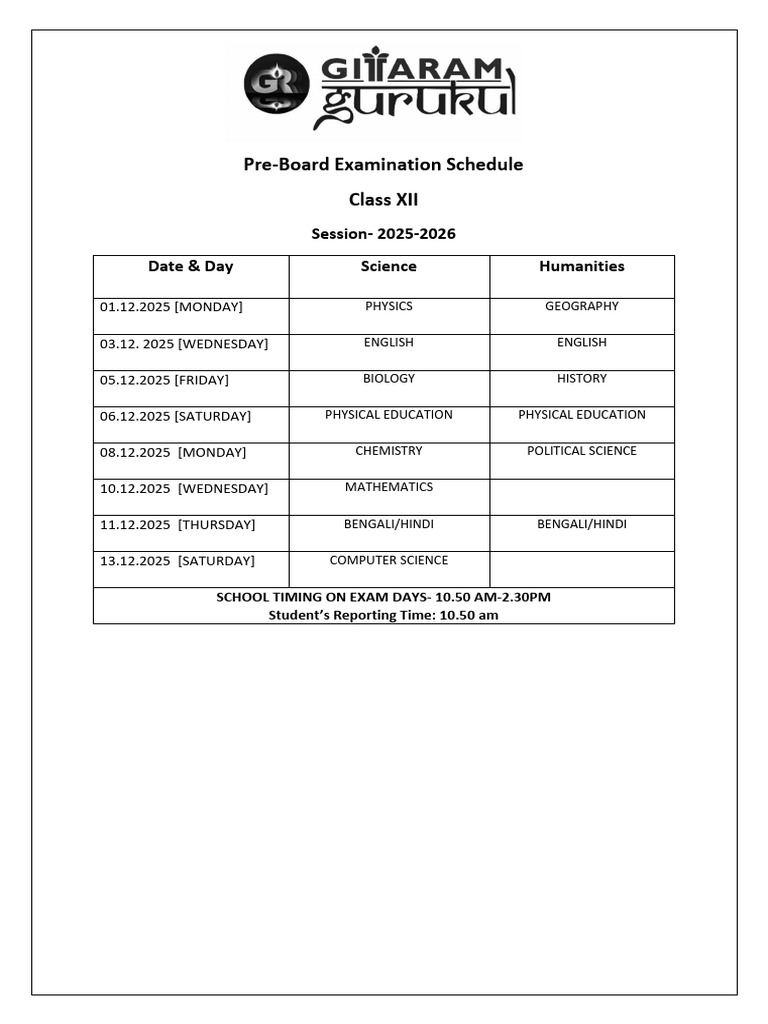 Pre-Board Exam Schedule For Class XII - 251114 - 141736 | PDF