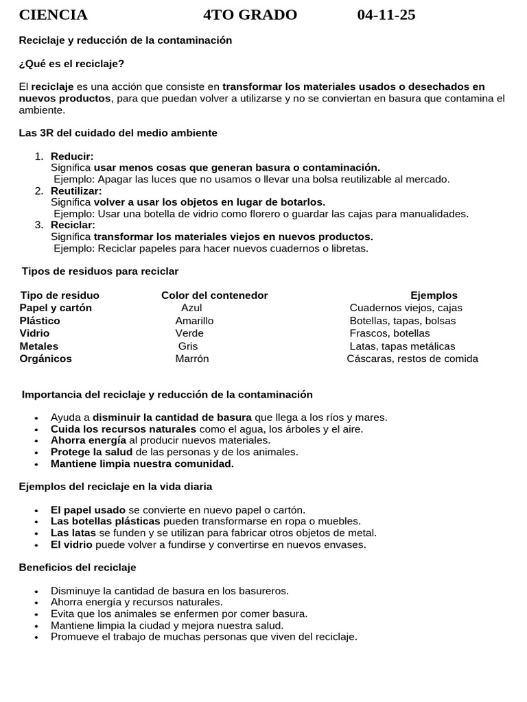 Ciencia 4to Grado 04-11-25 | PDF | Residuos | Reciclaje