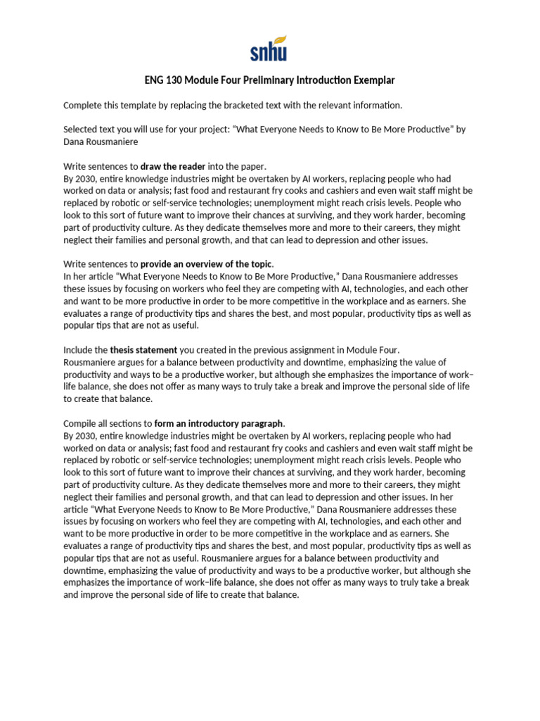 ENG 130 Module Four Preliminary Introduction Exemplar | PDF