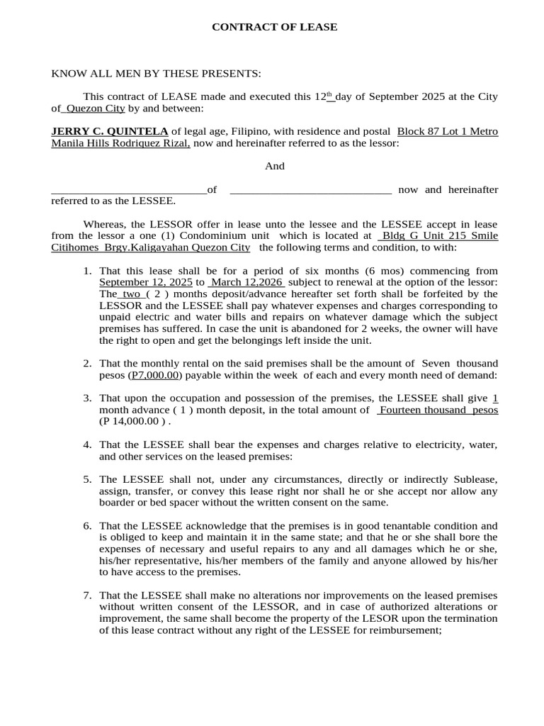 Contract of Lease Smile | PDF | Lease | Civil Law (Legal System)