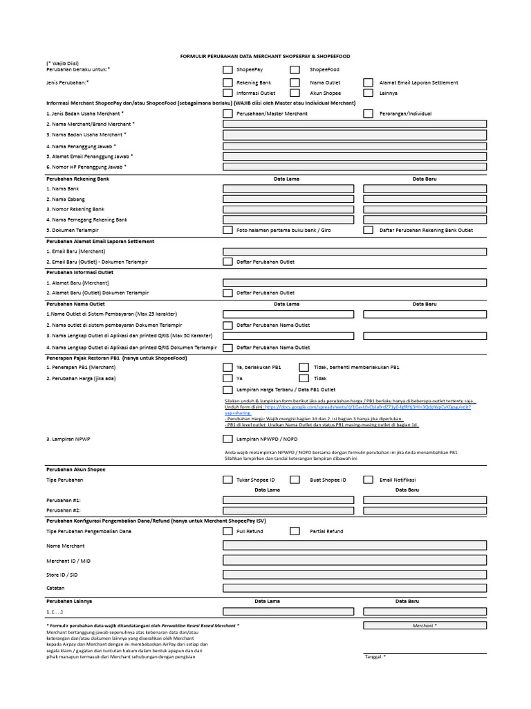 Formulir Perubahan Data Merchant Shopee | PDF