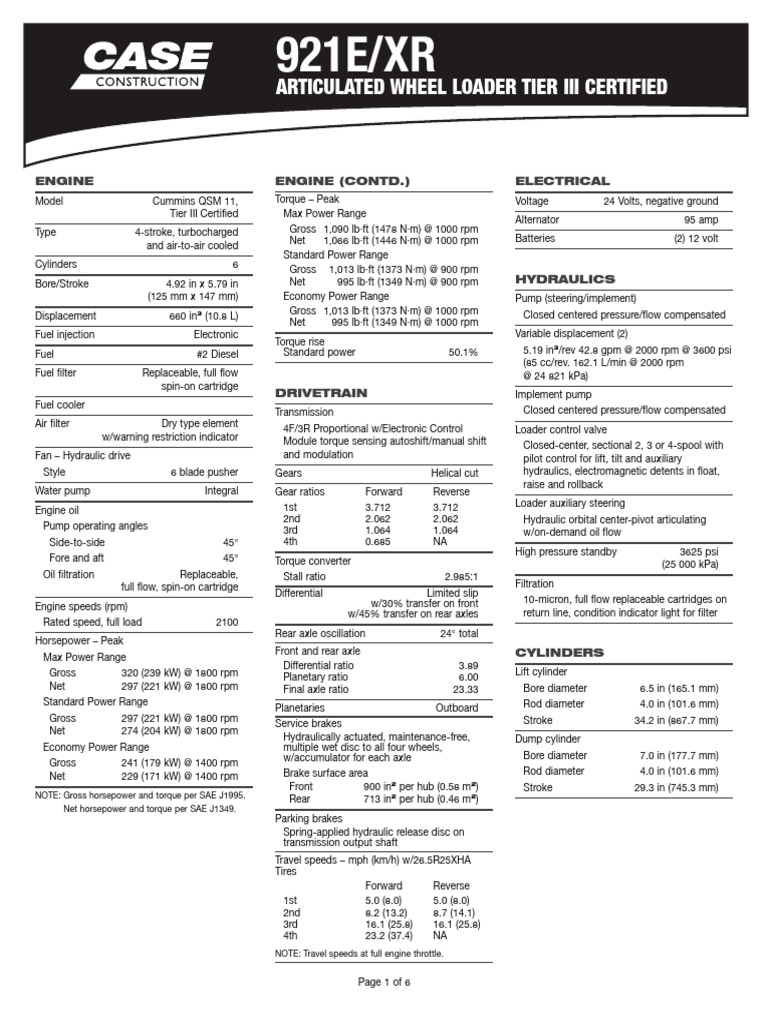 921E Specifications | PDF | Horsepower | Loader (Equipment)