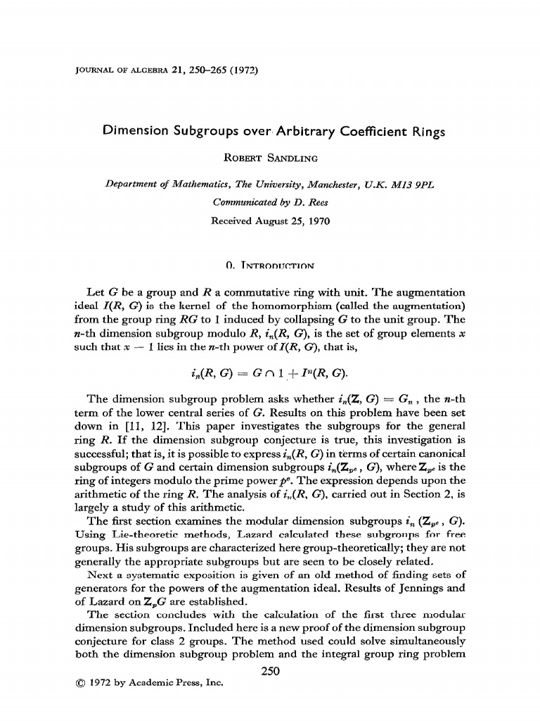 Dimension Subgroups in Group Theory | PDF | Ring (Mathematics) | Group ...