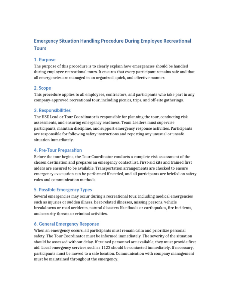 Emergency Tour Procedure With Headings (1) | PDF | Emergency | First Aid