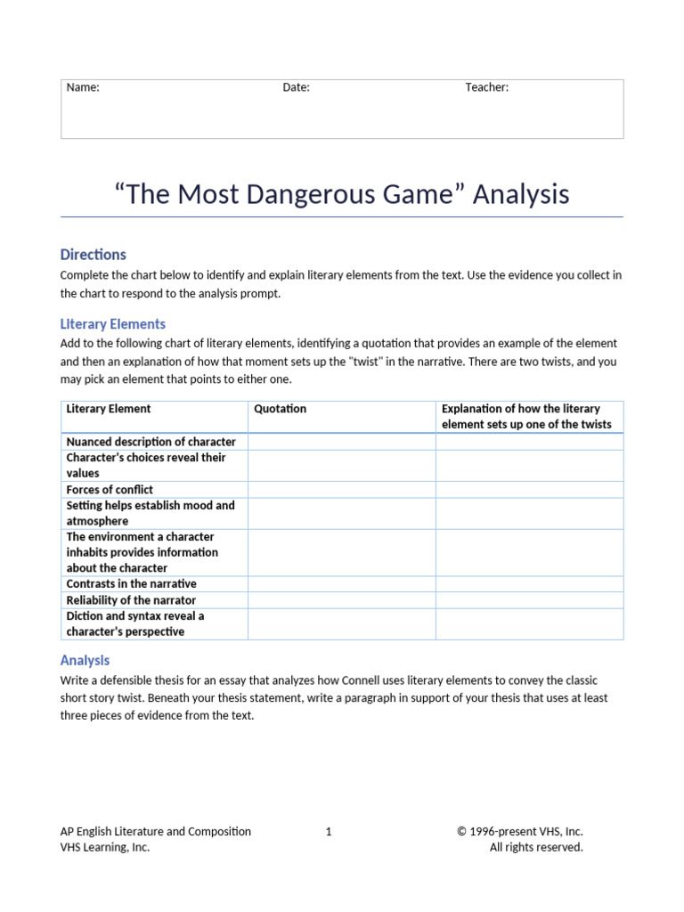 Literary Elements in "The Most Dangerous Game" | PDF