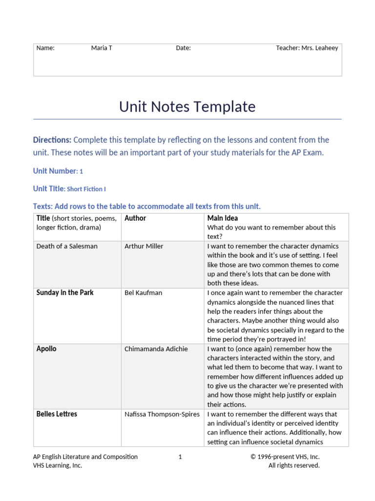 AP English Literature Unit 1 Notes | PDF | Plot (Narrative) | Writing