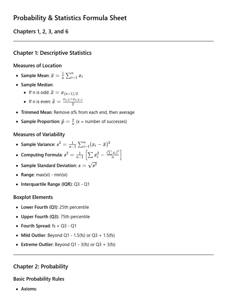 Probability & Statistics Formulas Guide | PDF | Probability ...
