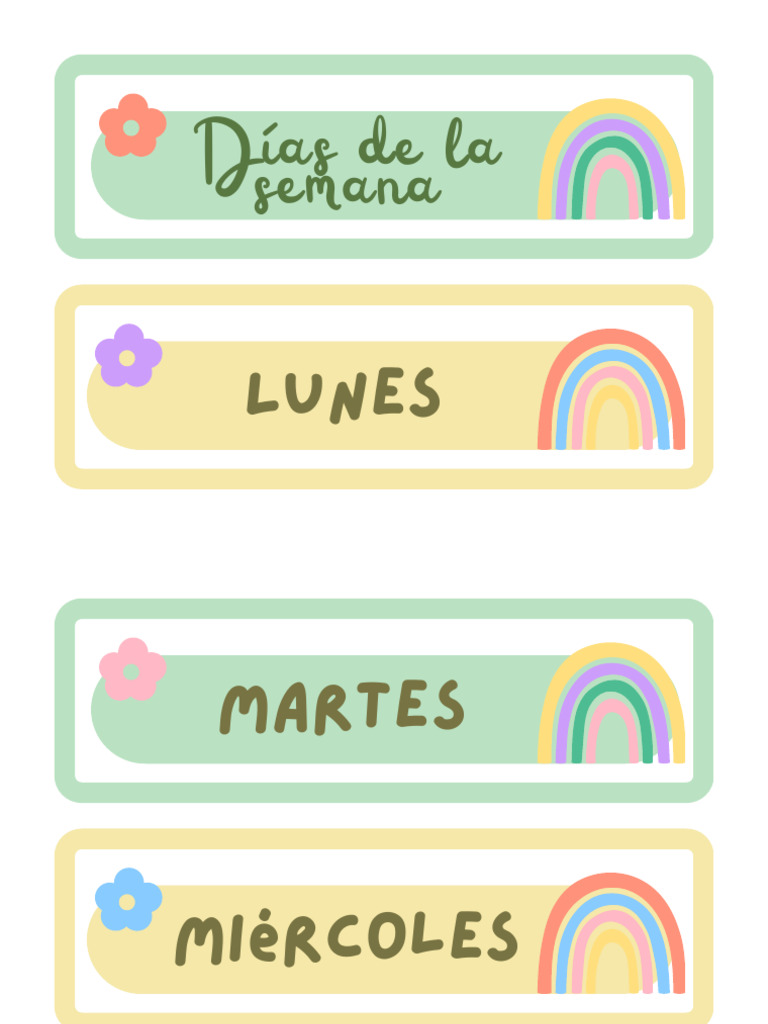 Tarjetas Educativas Sobre Los Días de La Semana Llamativas y Coloridas ...