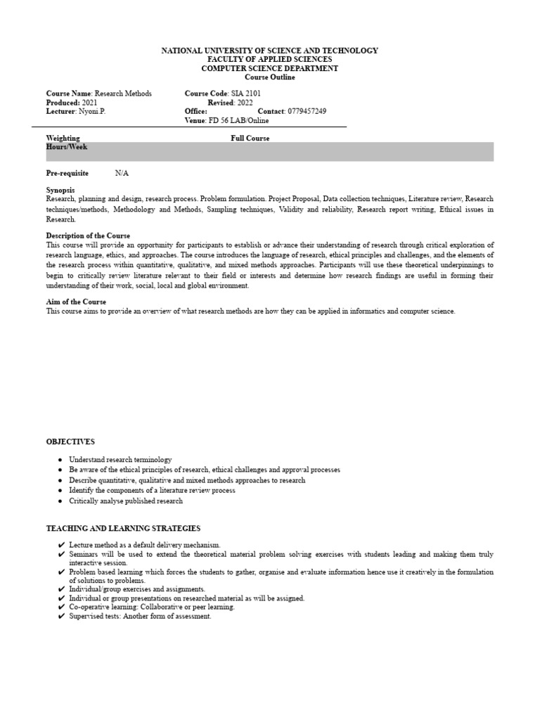 Research Methods Course Outline SIA 2101 | PDF | Methodology | Theory