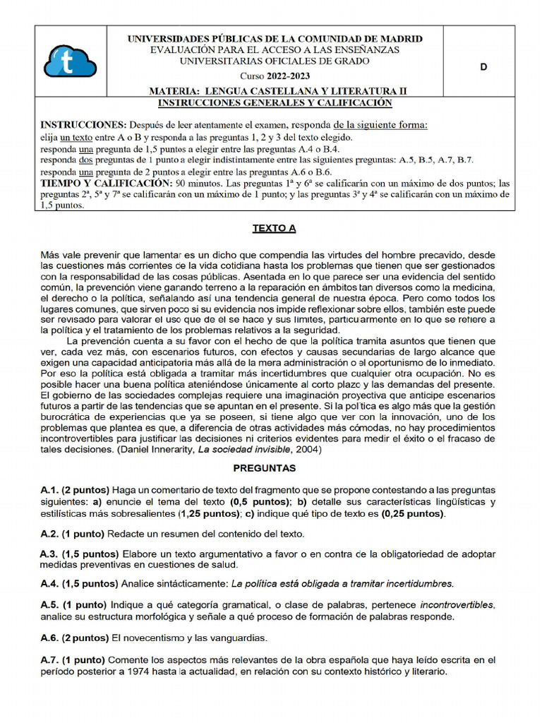 Examen Lengua Selectividad Junio 2023 Lunes Resuelto | PDF