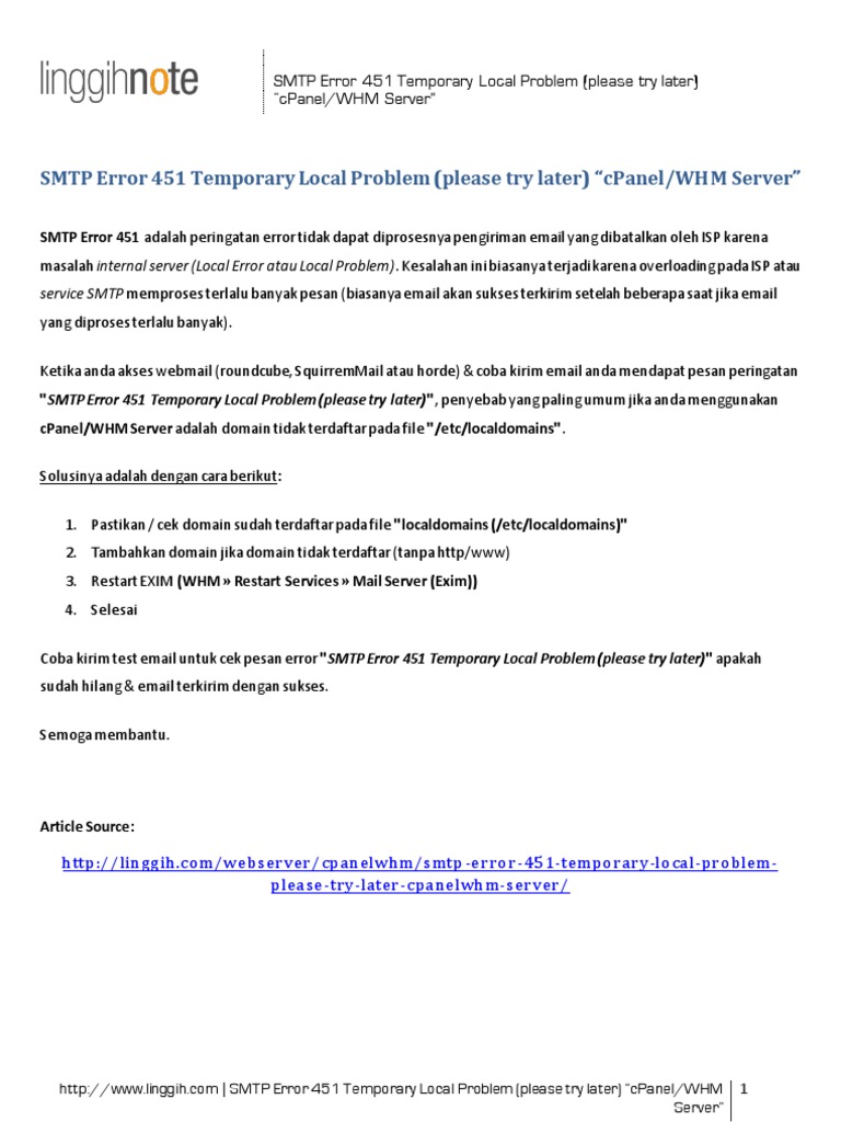 SMTP Error 451 Temporary Local Problem (Please Try Later) - Cpanel WHM Server | PDF