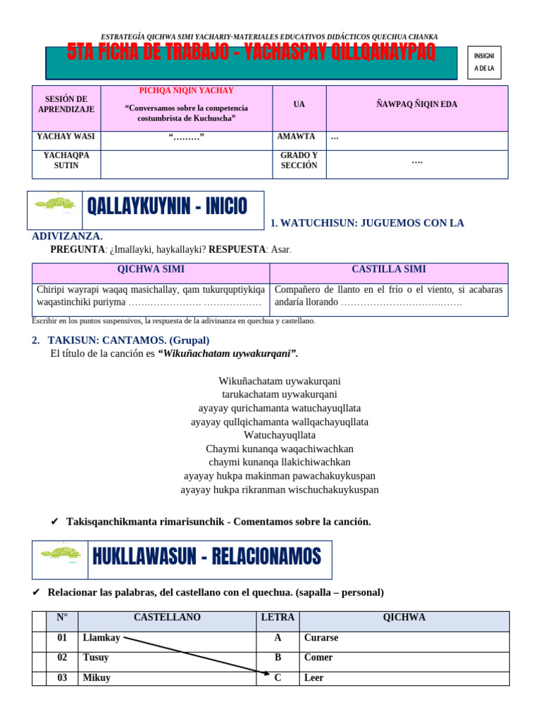 FICHA DE TRABAJO - 3, 4 , 5 GRADO - SESION 1 - EDA 01 - QUECHUA | PDF