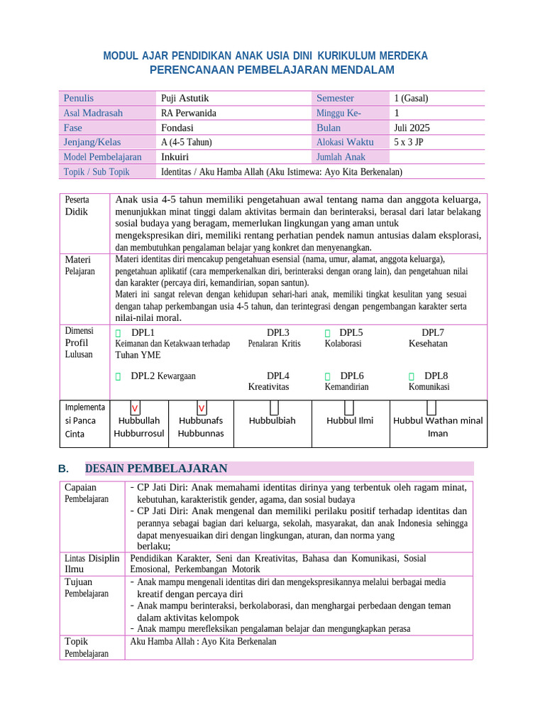 Modul Ajar Identitas Diri PAUD 4-5 Tahun | PDF