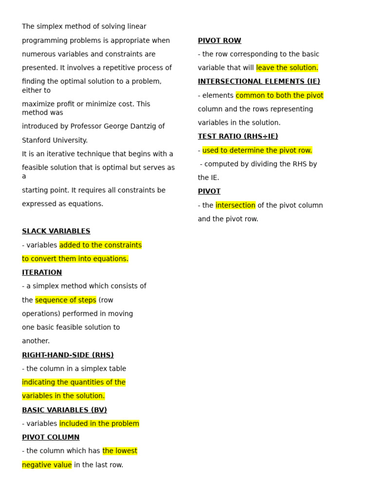 The Simplex Method of Solving Linear | PDF