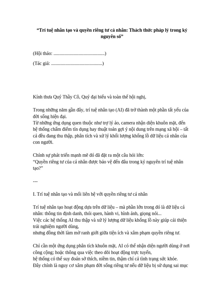 Tham Luan AI Va Quyen Rieng Tu | PDF